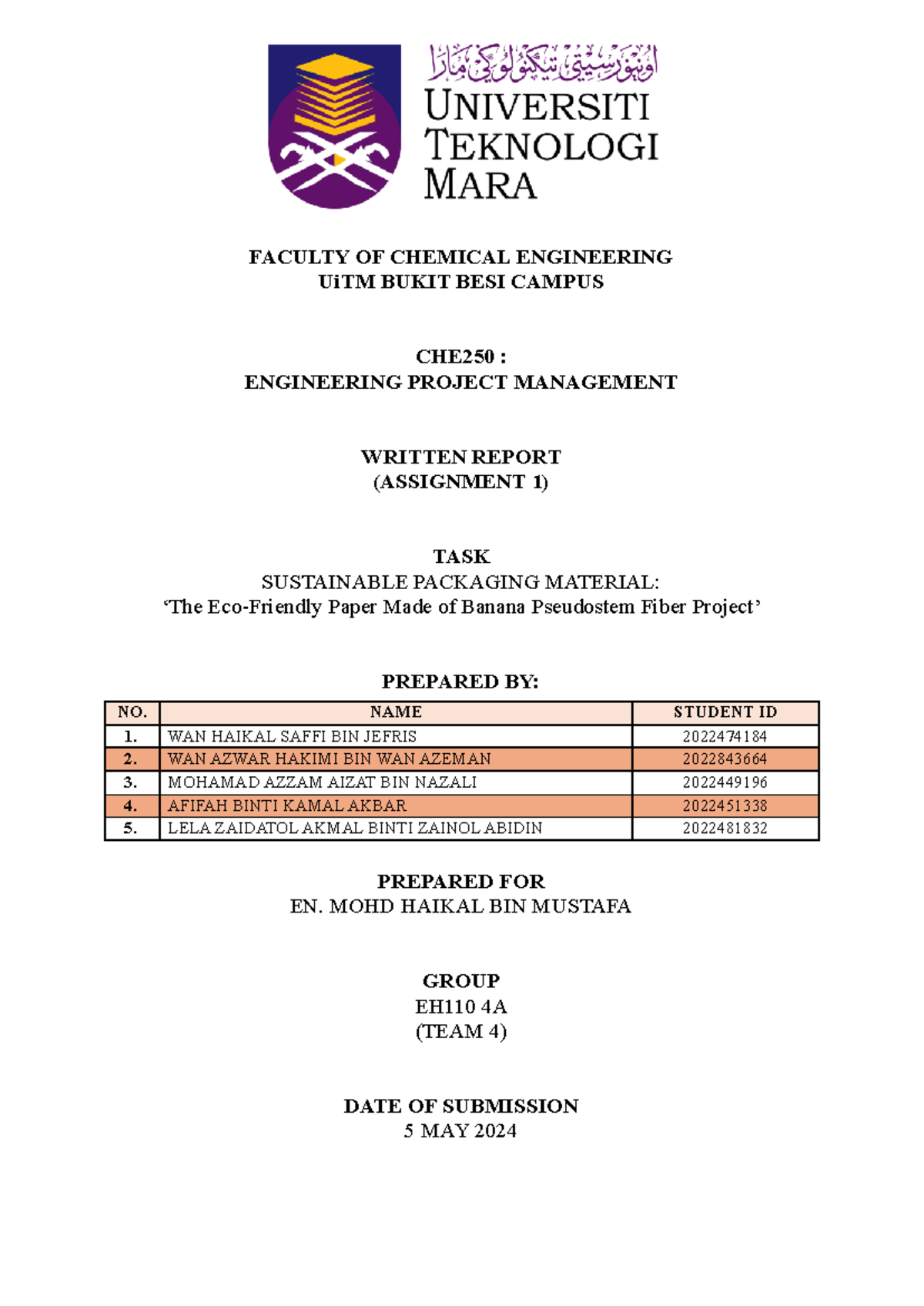 Sustainable Packaging Material Project Report for CHE250 Assignment 1 ...