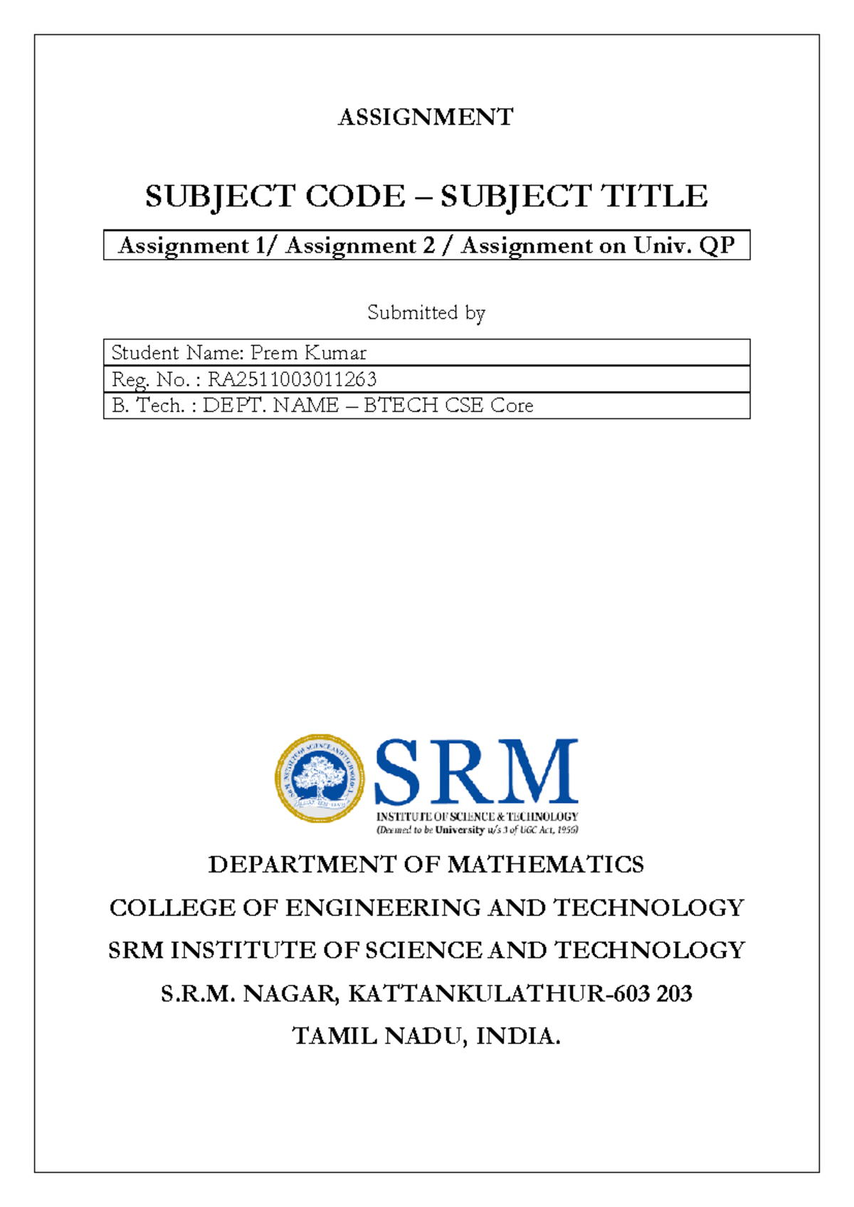 Maths Common Assignment Front - Cover Page Template - Btech - ASSIGNMENT SUBJECT CODE – SUBJECT ...