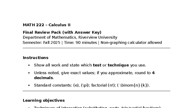 MATH 222 Calculus II Final Review Pack with Answer Key - Studocu