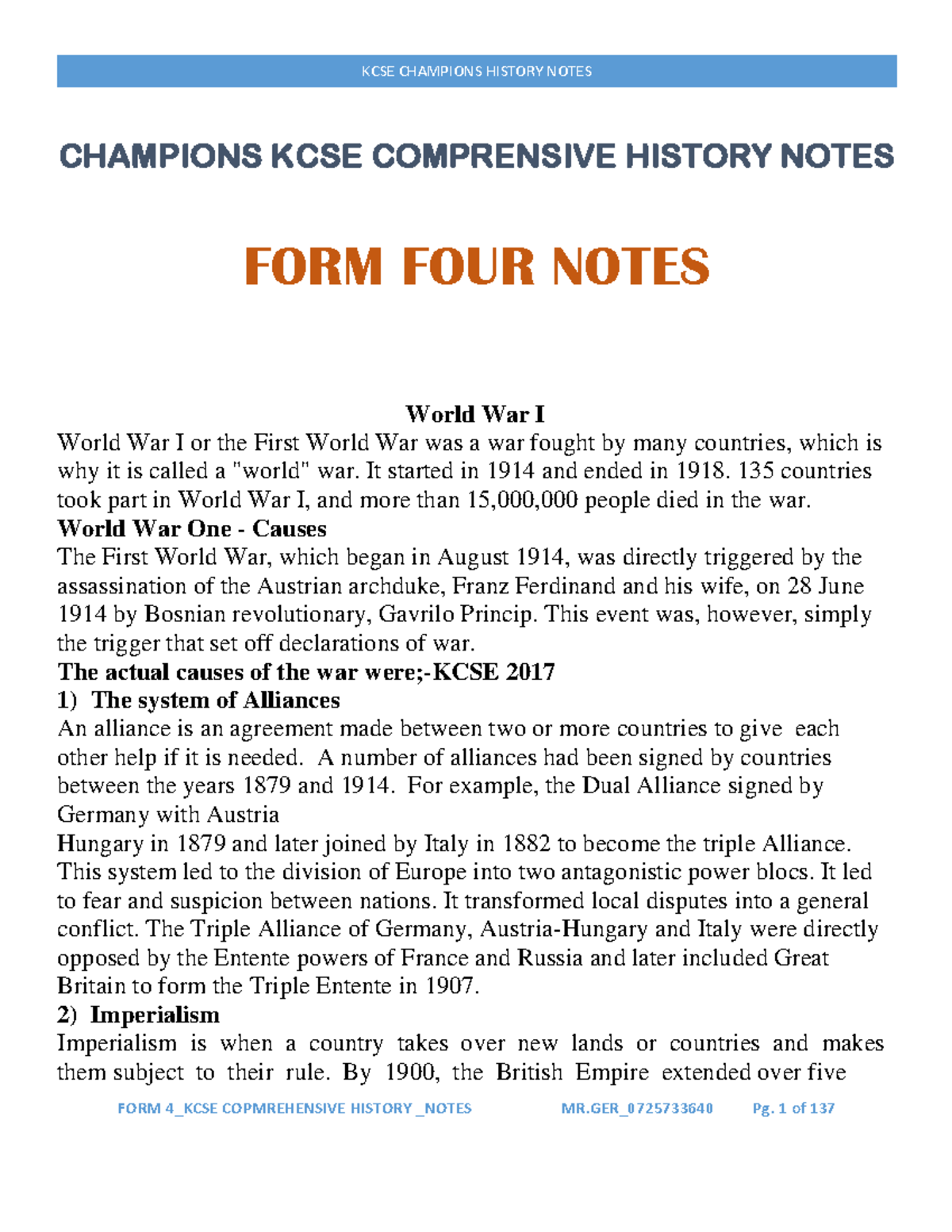 FORM FOUR KCSE History Notes: An Overview of World War I - Studocu