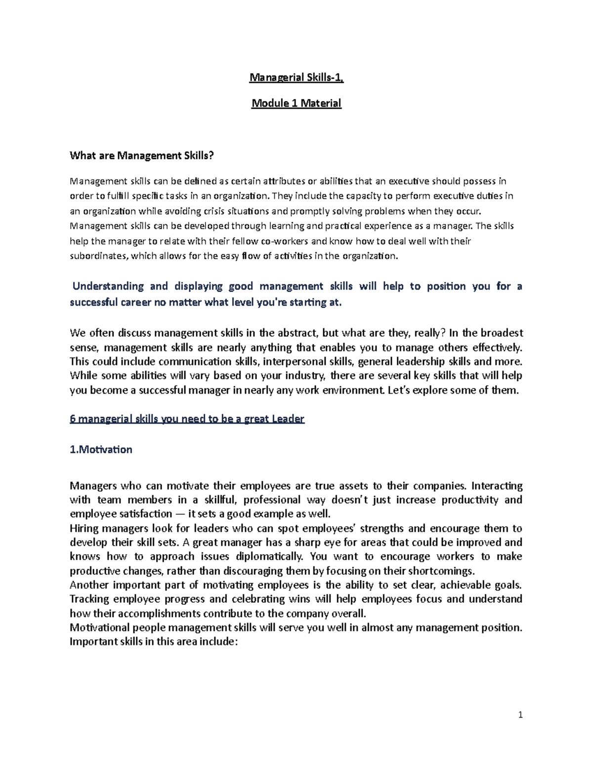 MS-Module 1 Managerial Skills: Essential Leadership Competencies - Studocu