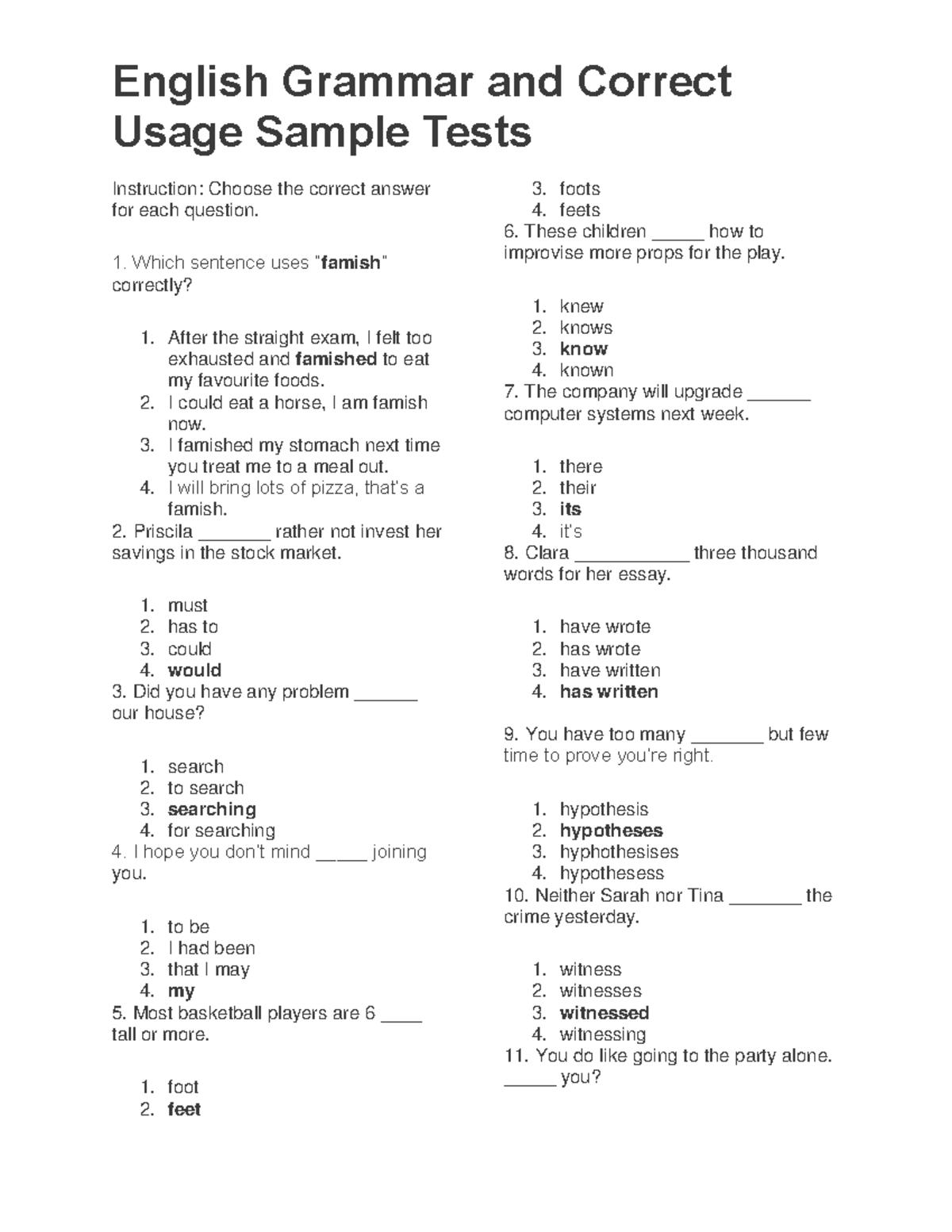English 101: Grammar and Correct Usage Sample Tests - Studocu