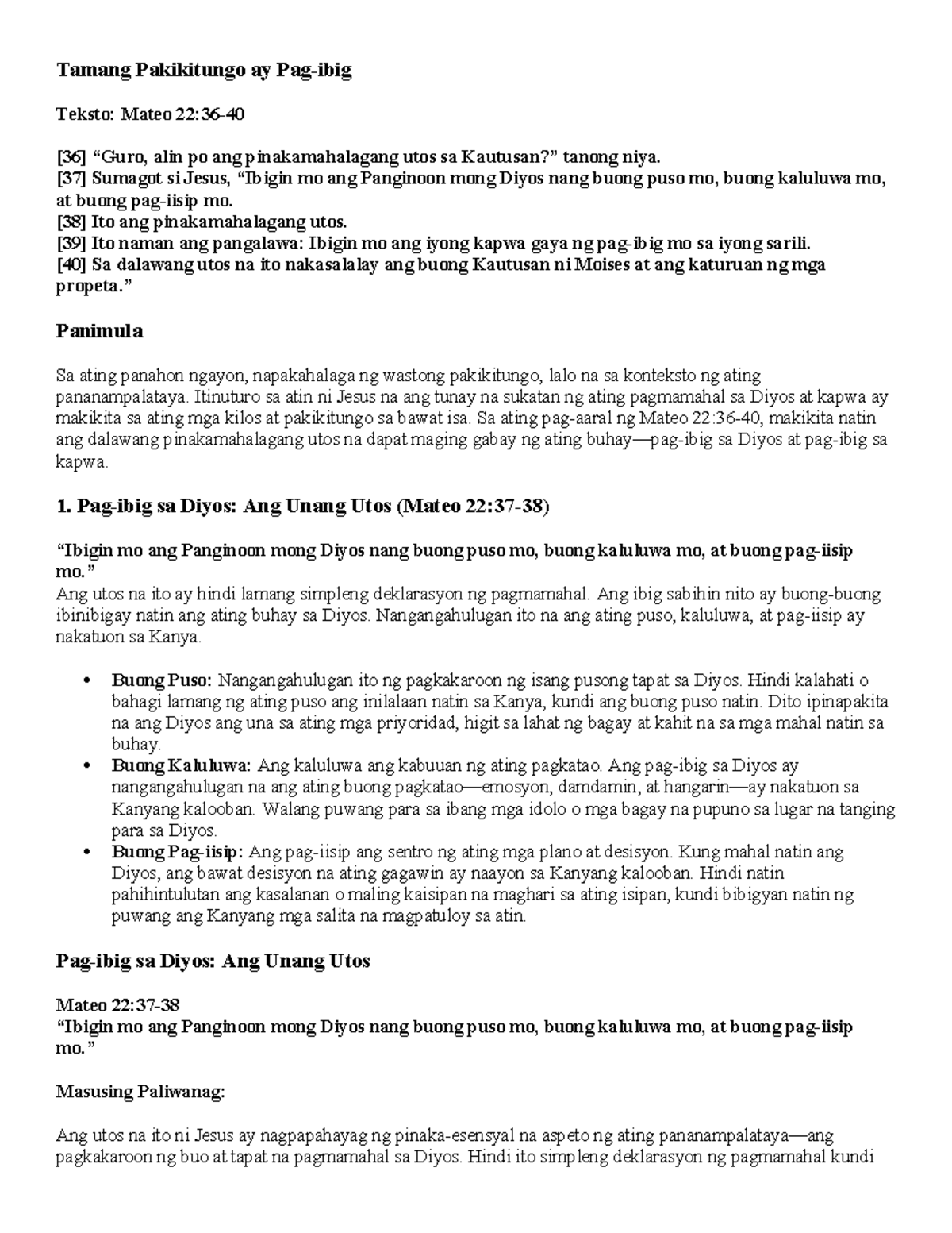 Pag-ibig at Tamang Pakikitungo: Isang Pagsusuri sa Mateo 22:36-40 - Studocu