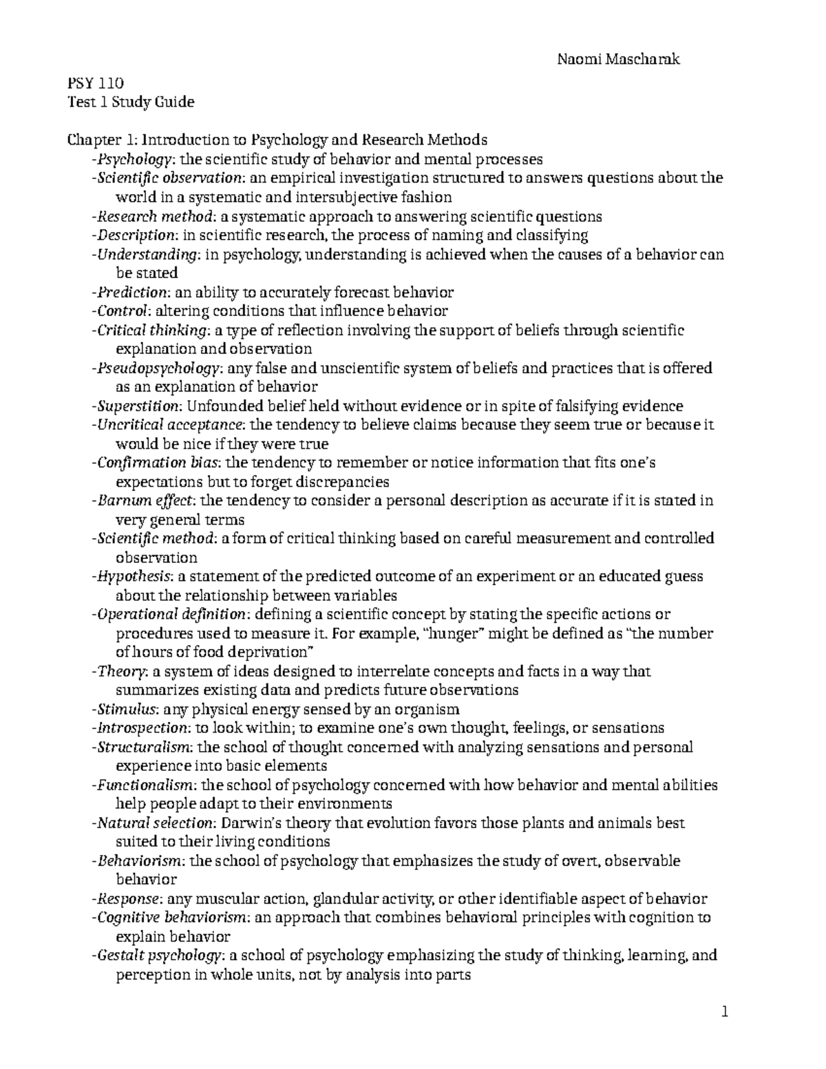 PSY 110 Test 1 Study Guide: Key Concepts in Psychology - Studocu