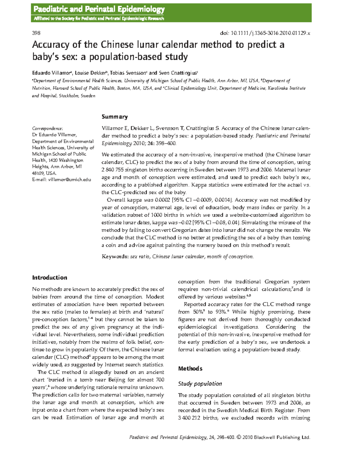 Accuracy of the Chinese Lunar Calendar Method for Sex Prediction (PPE ...
