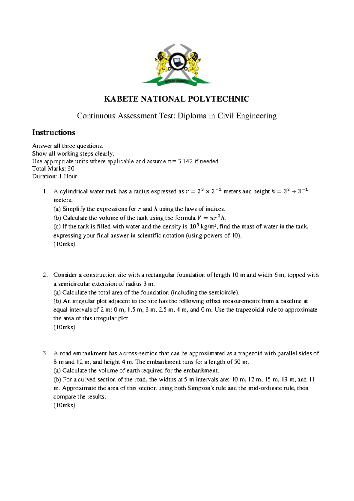 Civil Engineering Assessment 1: Continuous Assessment Test (CET) - Studocu
