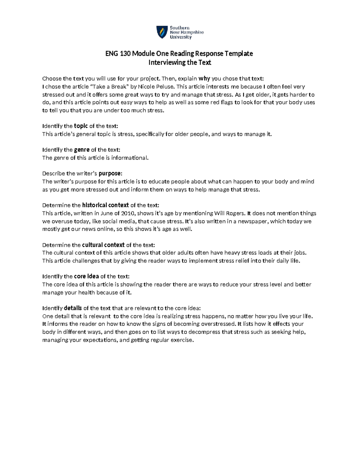 ENG 130 Module 1 Stress Management Response and Analysis - Studocu