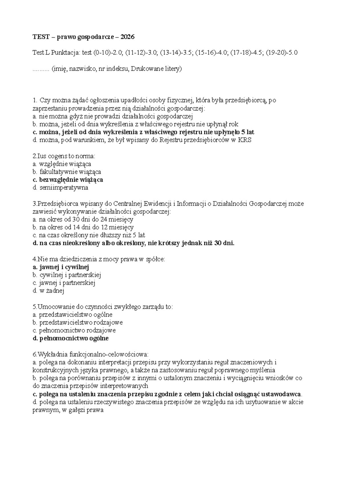 Test z Prawa Gospodarczego 2026 - Pytania i Odpowiedzi - Studocu