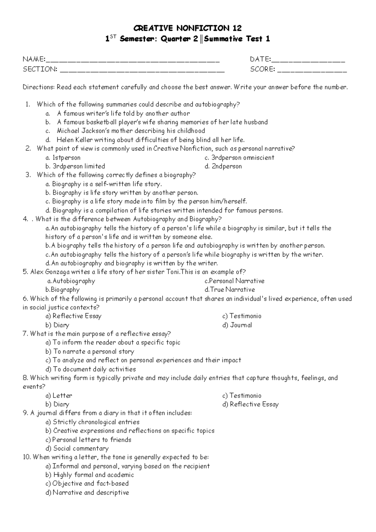 Summative Test 1 - Creative Nonfiction 12 Assessment - Studocu
