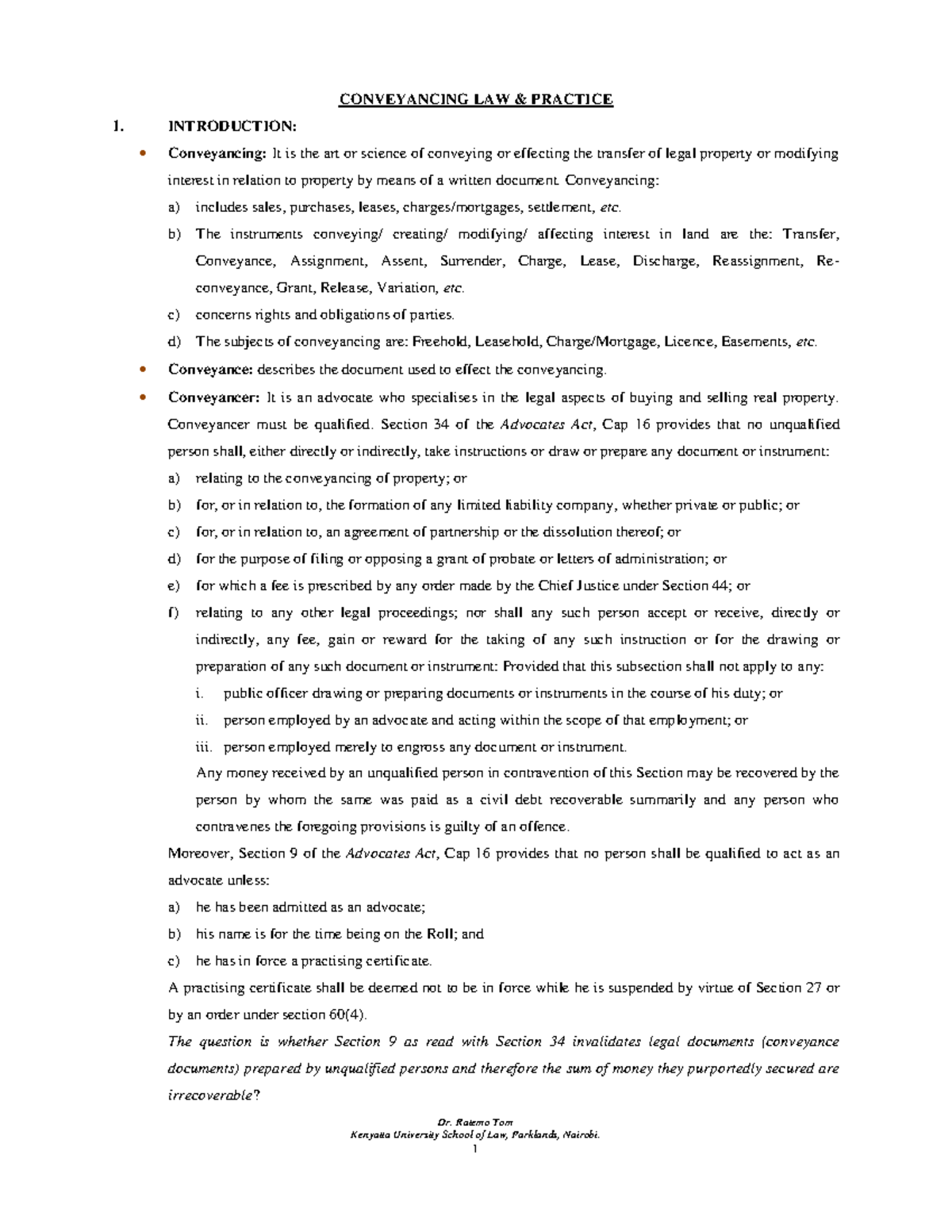 Conveyancing Law & Practice Notes for KUL 101: Overview & Critical ...