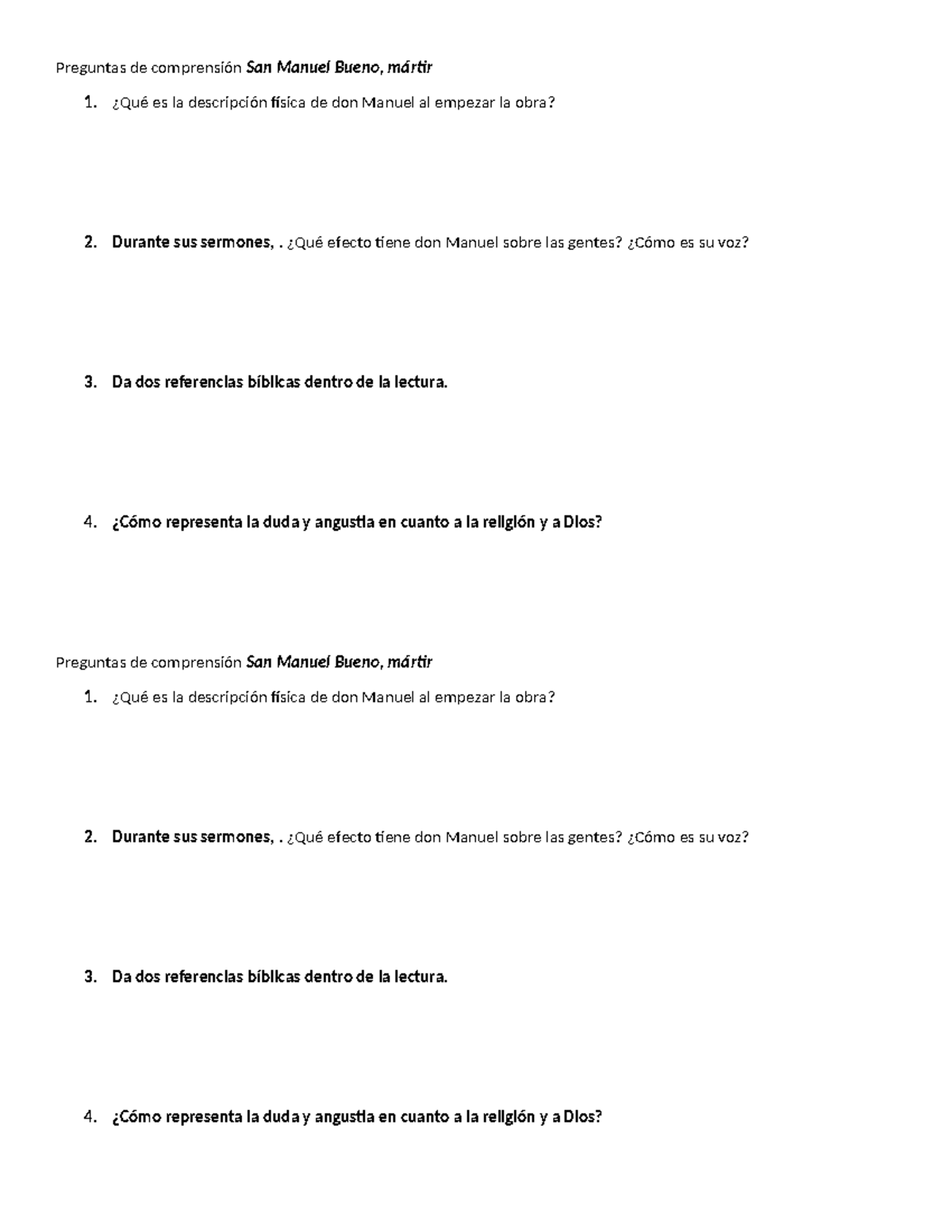 Preguntas de comprensión: San Manuel Bueno, mártir (Literatura) - Studocu