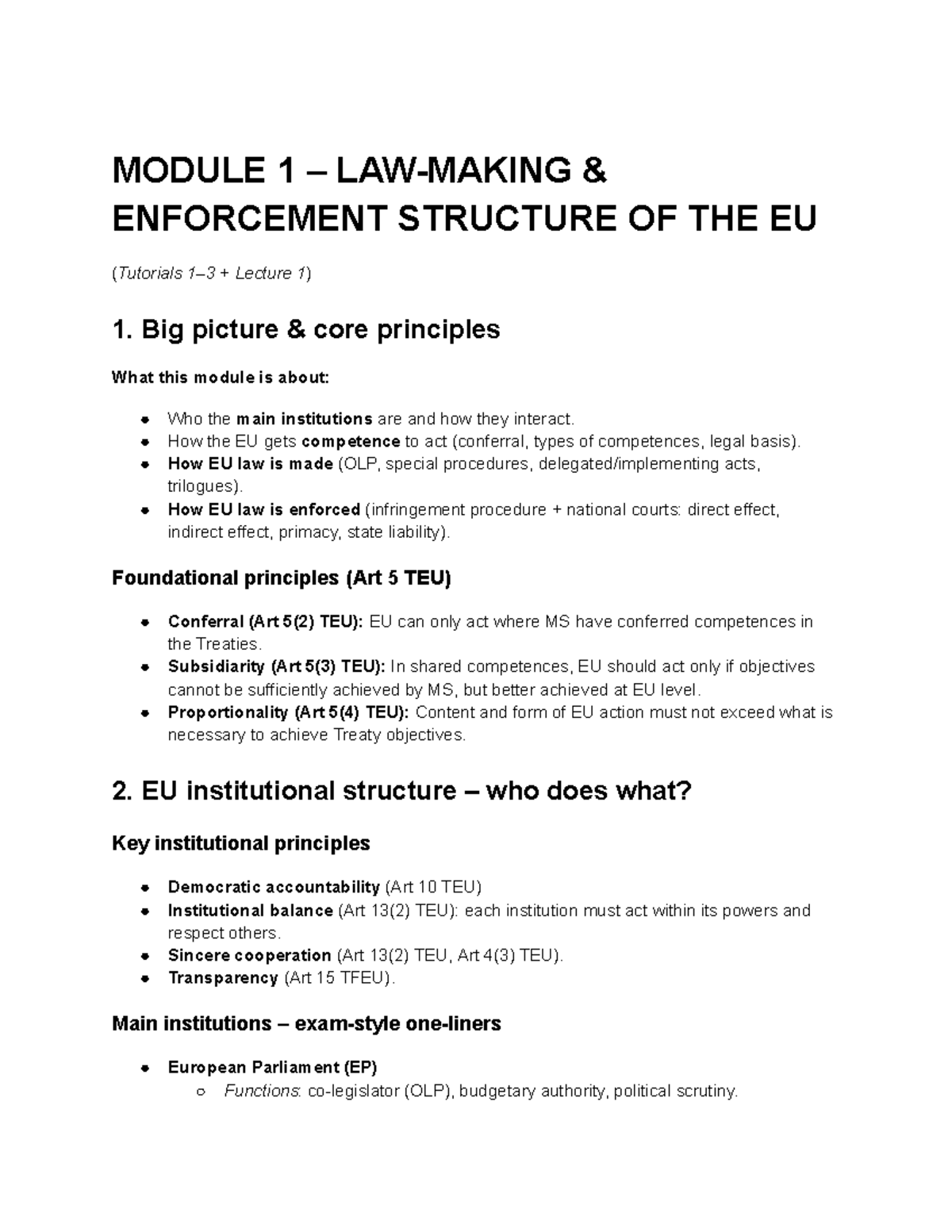 MODULE 1 ENFORCEMENT STRUCTURE OF THE EU (Tutorials Lecture 1) Summary ...