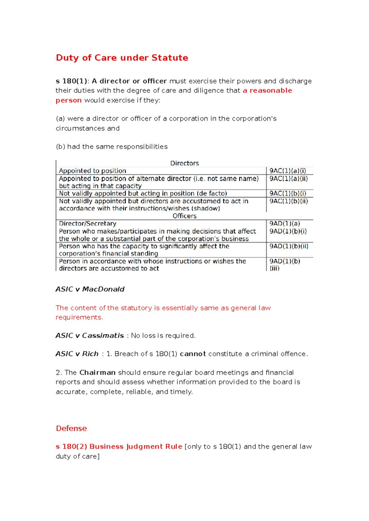 BA Final Exam Notes: Duty of Care & Directors' Responsibilities - Studocu