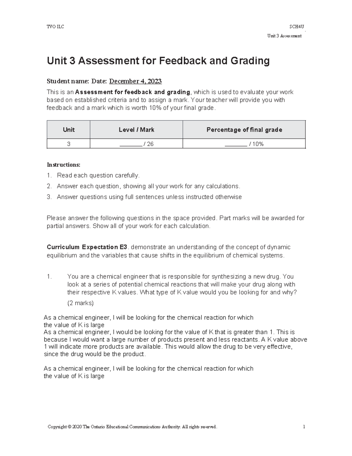 CHEM3 - Unit 3 Assessment and Grading Guide - Studocu