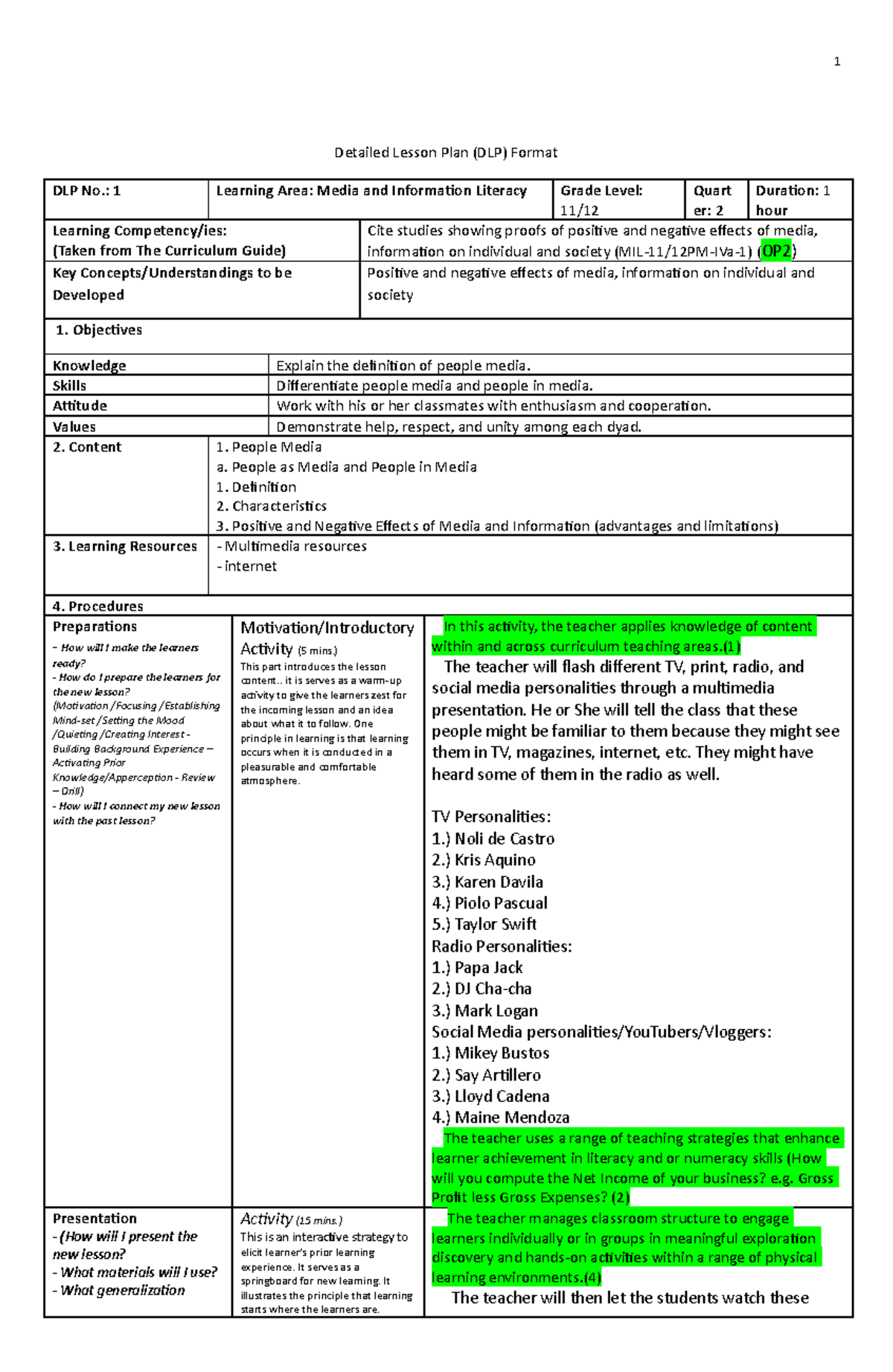 MILQ2 LC1modified - mil - Detailed Lesson Plan (DLP) Format DLP No.: 1 ...