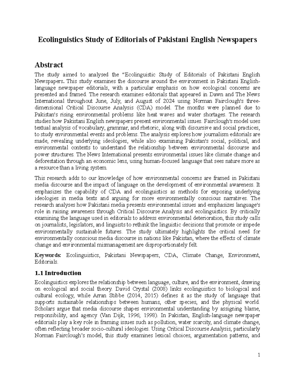 Ecolinguistics and Environmental Discourse in Pakistani Newspapers: A ...