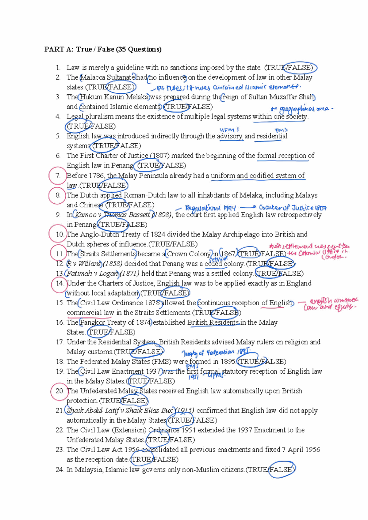 Revision for MID TERM TEST: True/False & MCQ (Law) - Studocu