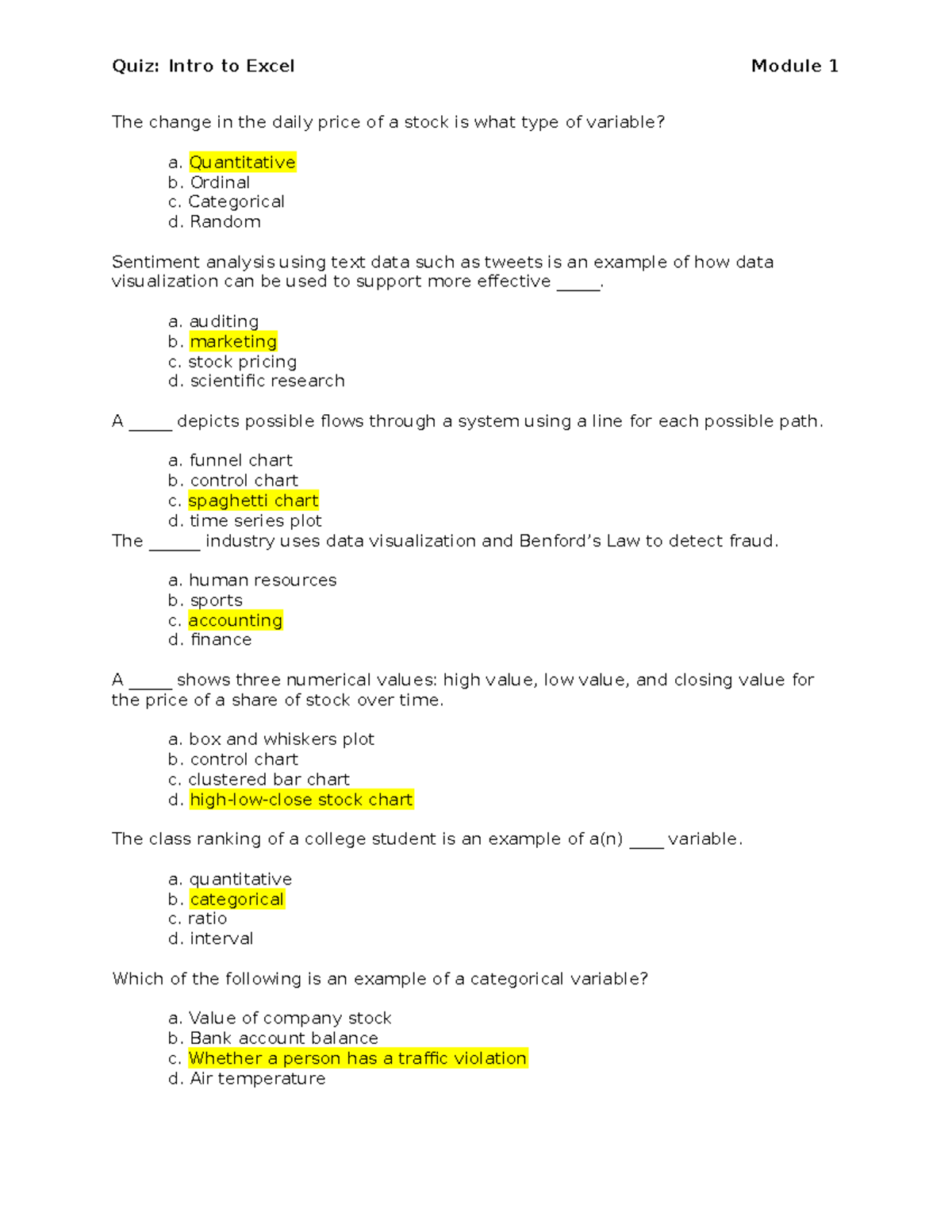 Quiz: Intro to Excel Concepts and Data Visualization Techniques - Studocu