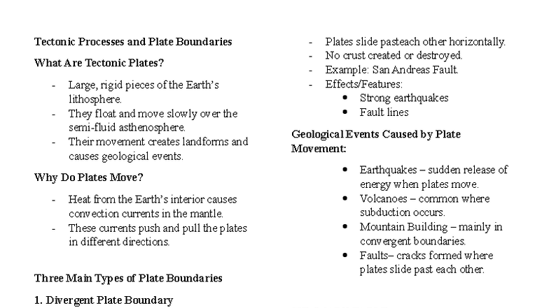 Tectonic Processes and Plate Boundaries: Key Concepts and Events - Studocu