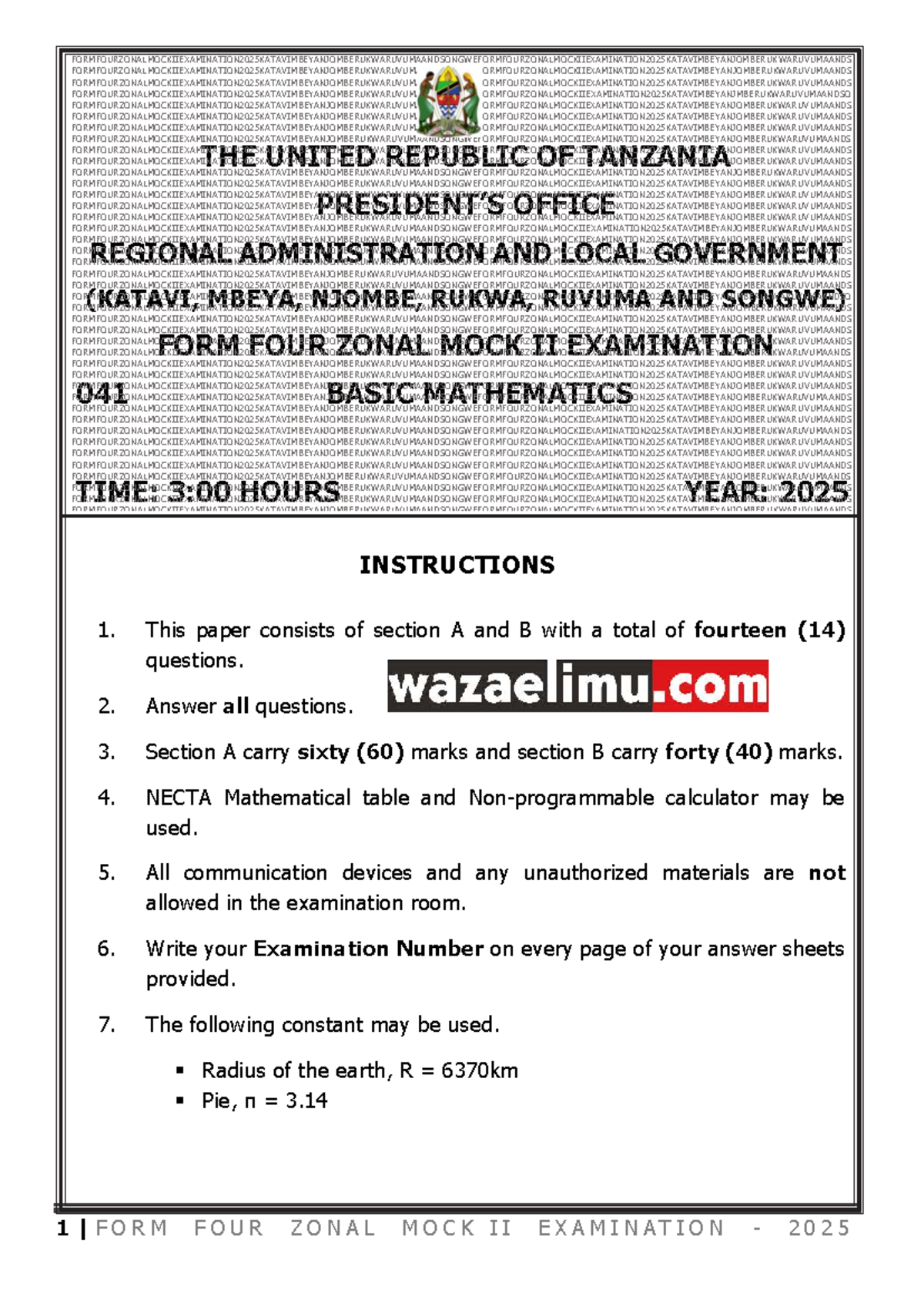 FORM FOUR ZONAL MOCK II EXAMINATION 2025 - BASIC MATHEMATICS - Studocu