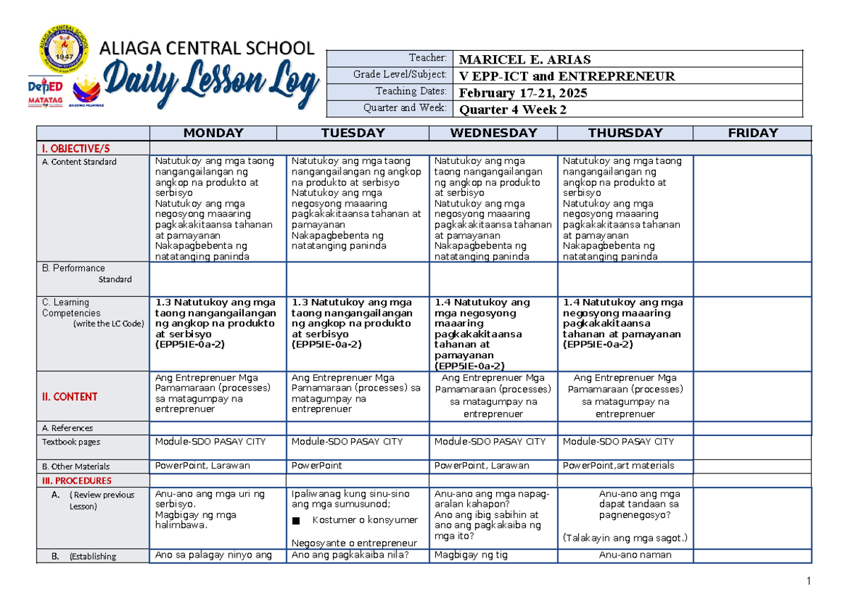 EPP 5 ICT w 2 - Daily Lesson Plan on Products and Services - Studocu
