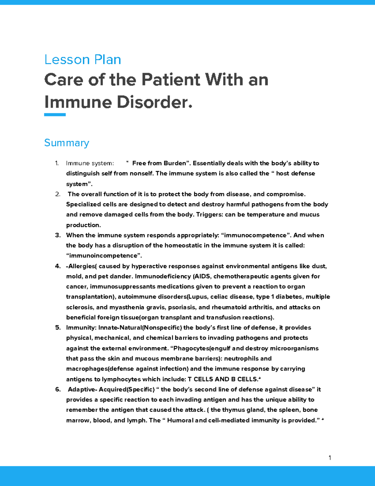 Lesson Plan: Care of the Patient with Immune Disorders (Chapter 55 ...