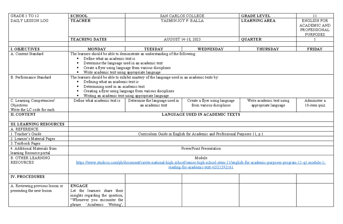 DLL-W1-EAPP - Nothing. - GRADE 1 TO 12 DAILY LESSON LOG SCHOOL SAN CARLOS COLLEGE GRADE LEVEL 11 ...