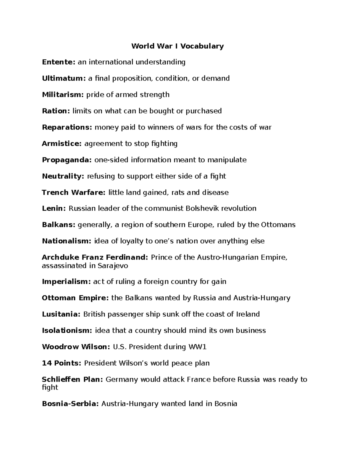 World War I Vocabulary: Key Terms and Concepts for Understanding - Studocu