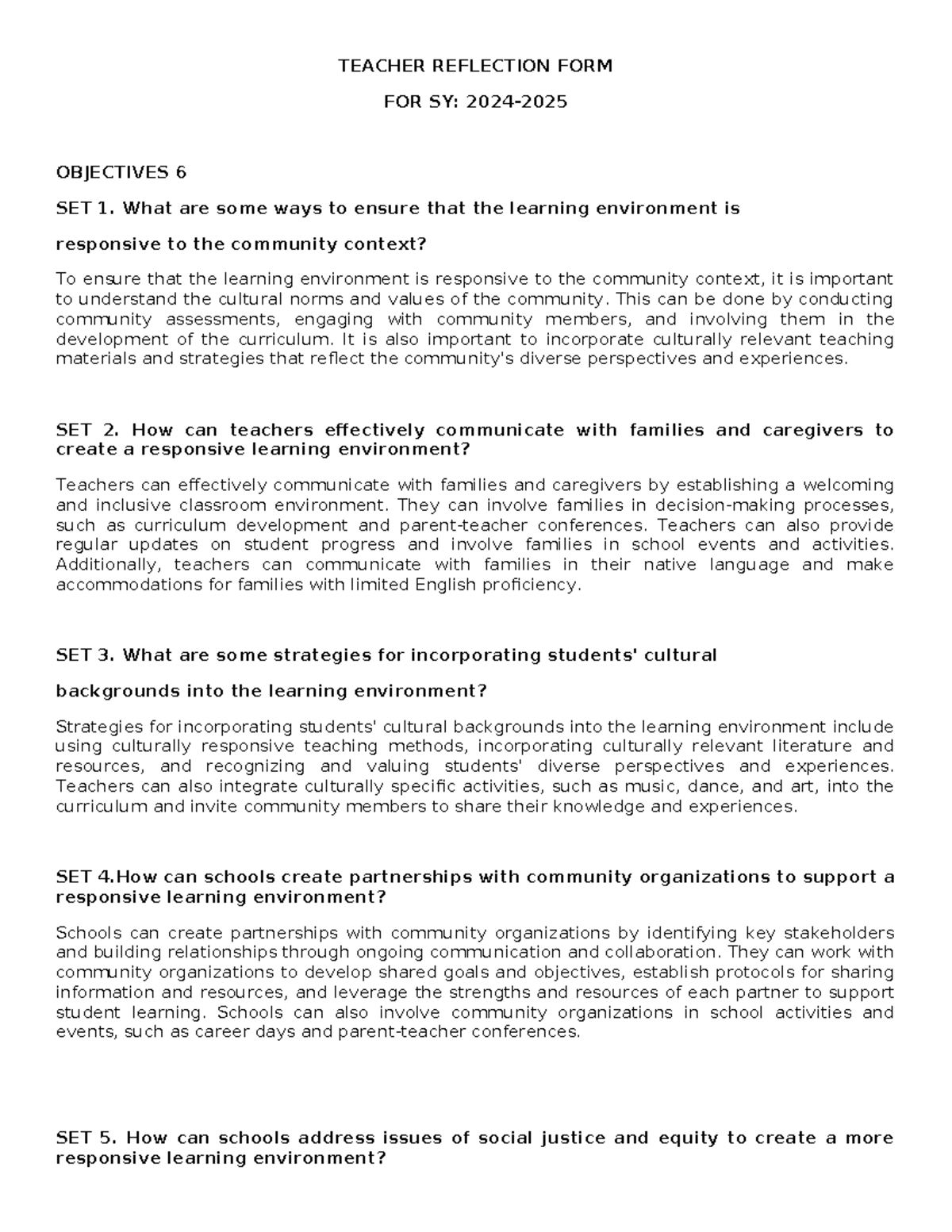 TRF 2024-2025: Teacher’s Reflection Form and Strategies for Inclusive Learning - Studocu