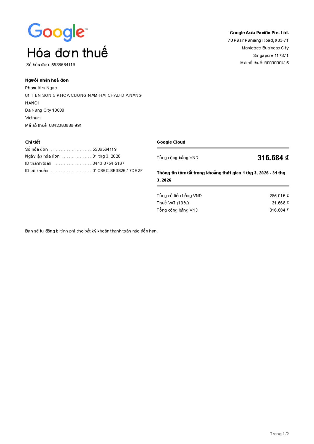 Hóa Đơn Thuế Google Asia Pacific Pte. Ltd. Số 5536564119 - Studocu