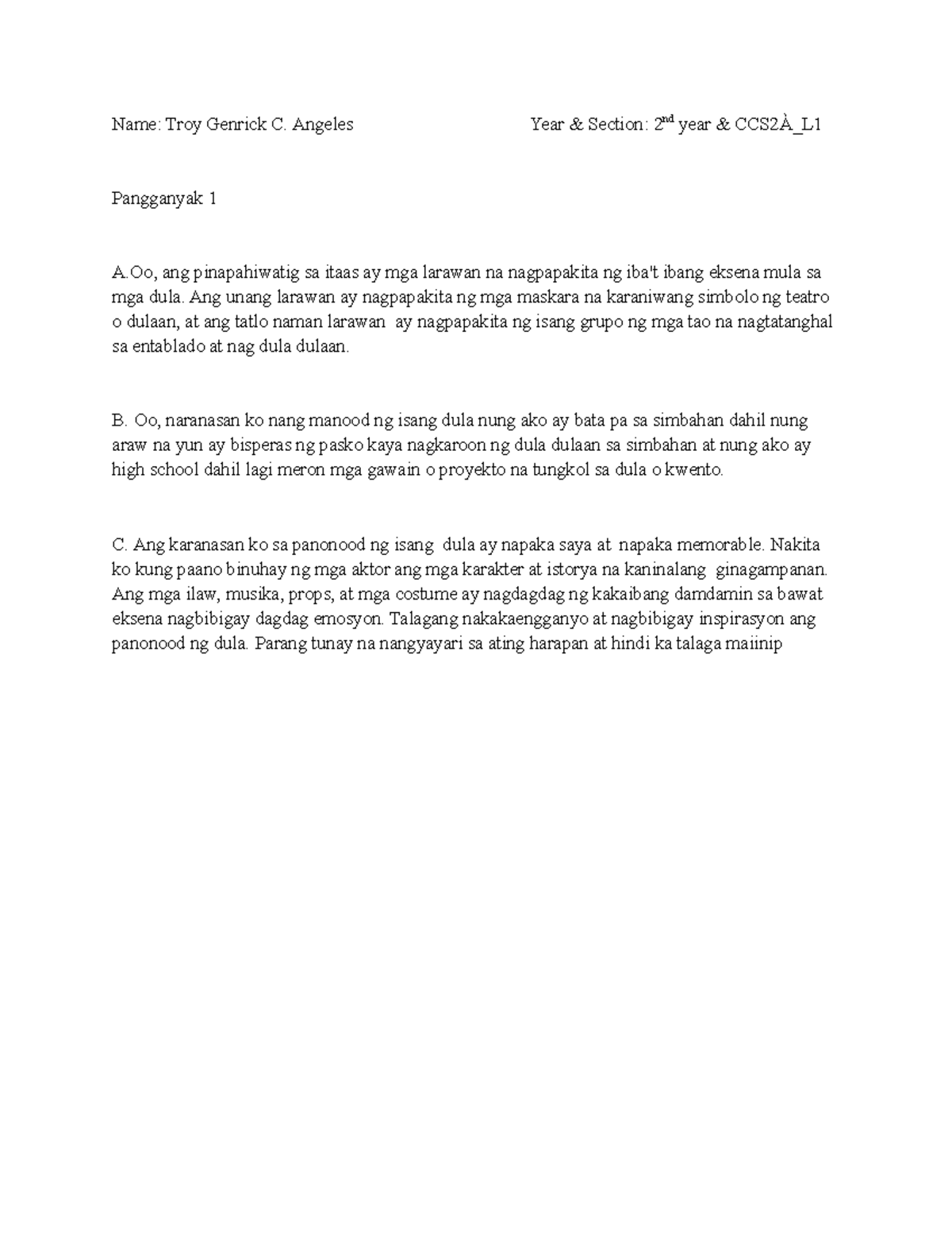 Balik- Tanaw - Pasimula activity - Name: Troy Genrick C. Angeles Year ...