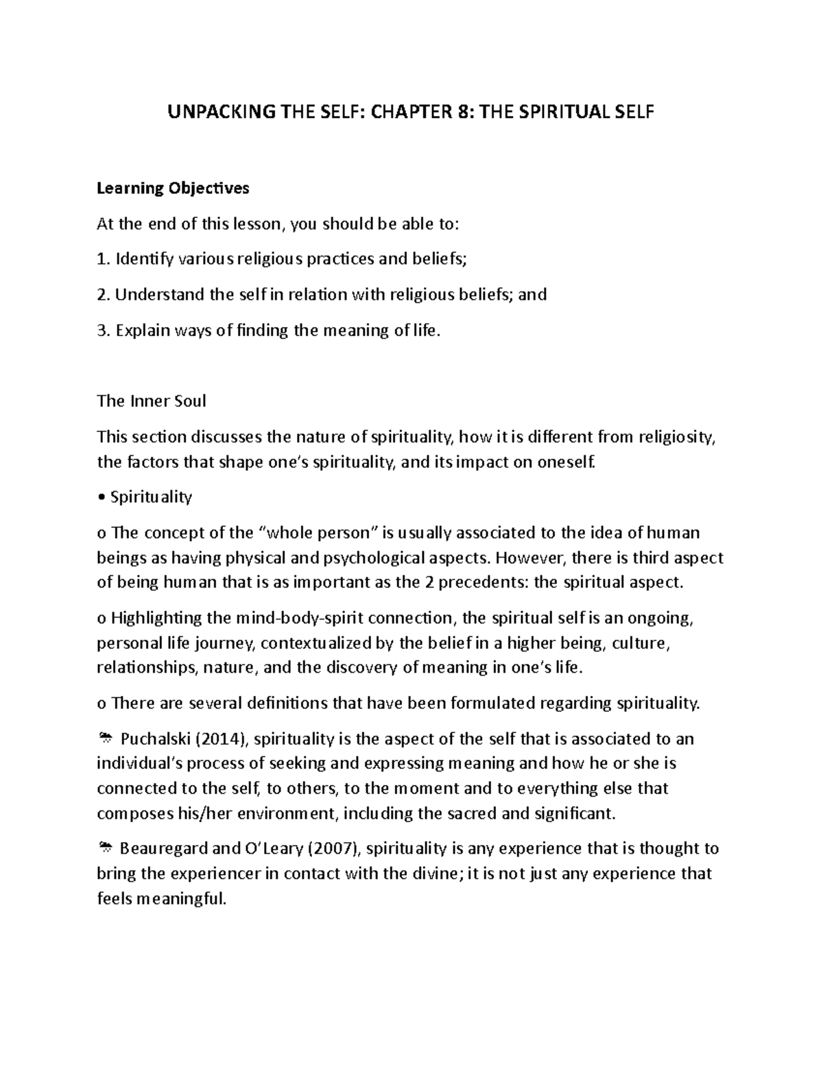 The Spiritual Self - UNPACKING THE SELF: CHAPTER 8: THE SPIRITUAL SELF Learning Objectives At ...