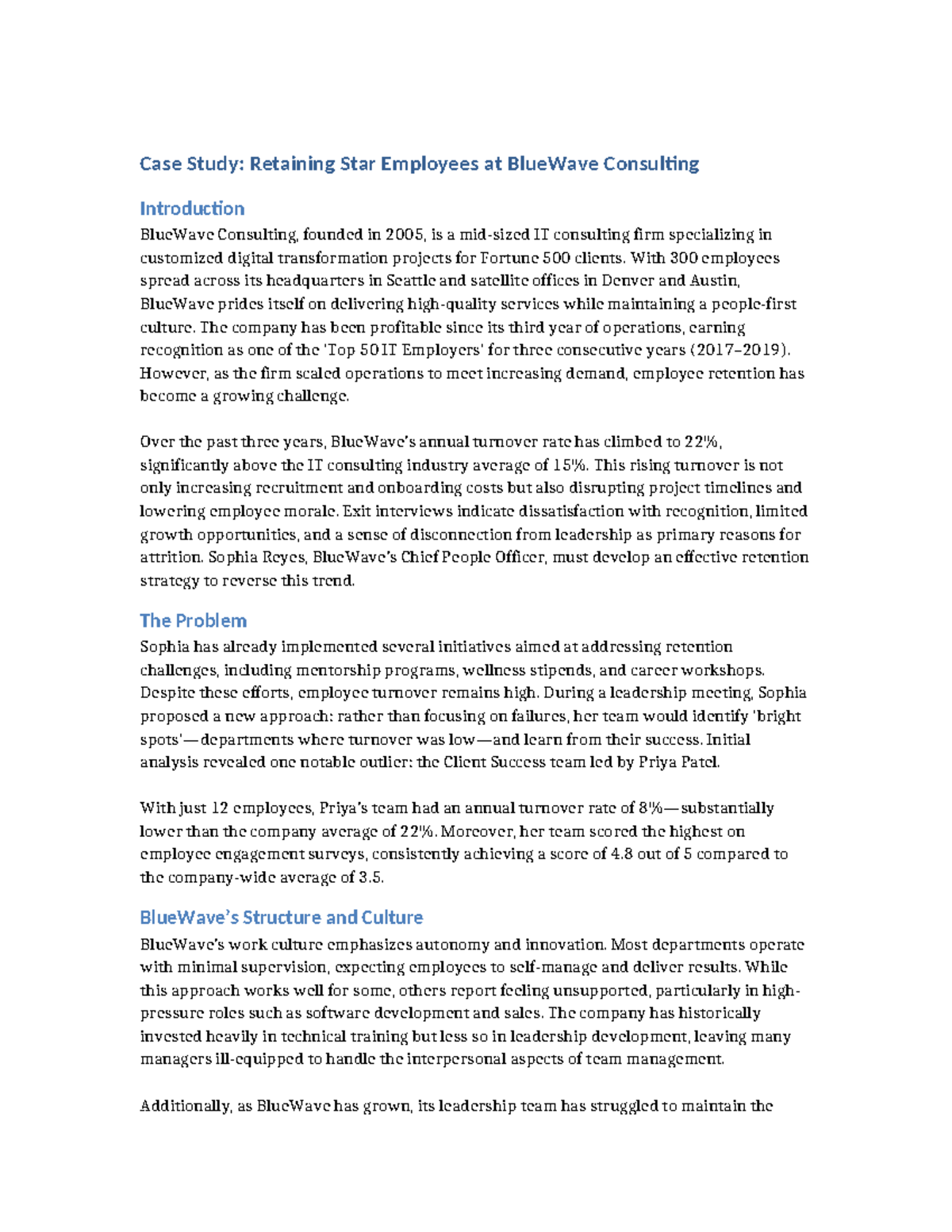 Case Study: Retaining Star Employees at BlueWave Consulting - Studocu