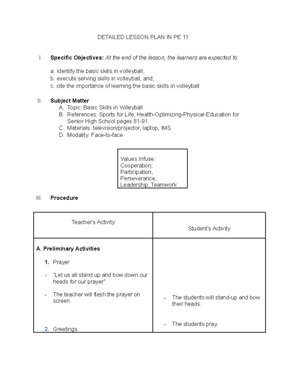 PE11 Detailed Lesson Plan: Mastering Volleyball Basics - Studocu
