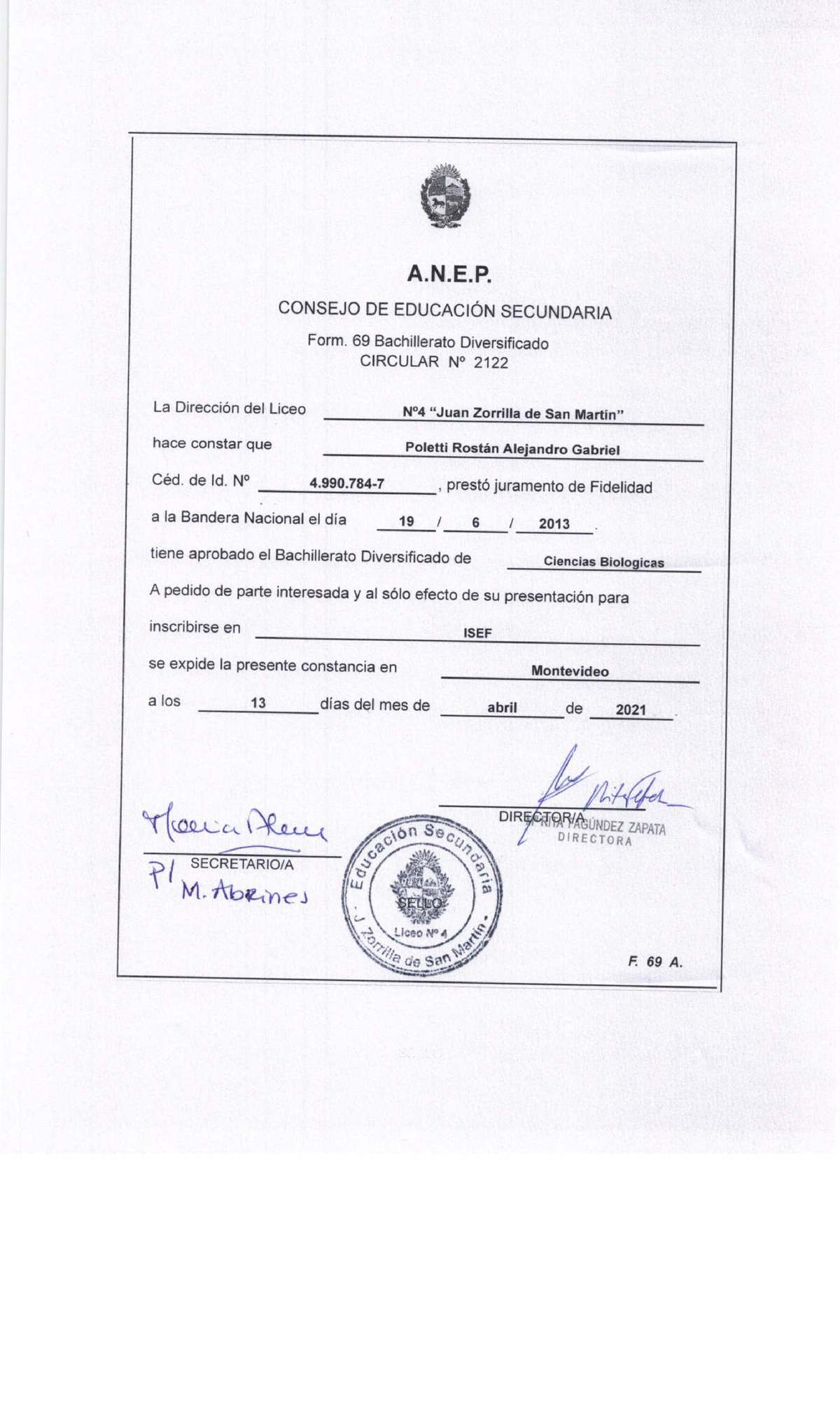 Constancia de Juramento y Bachillerato Diversificado - Form. 69A - Studocu