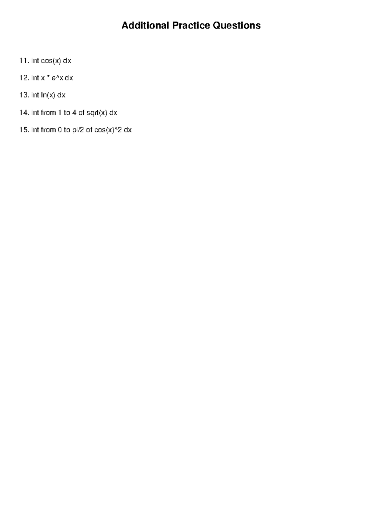 Math Integrals Practice Extra - MCV4U - Additional Practice Questions ...