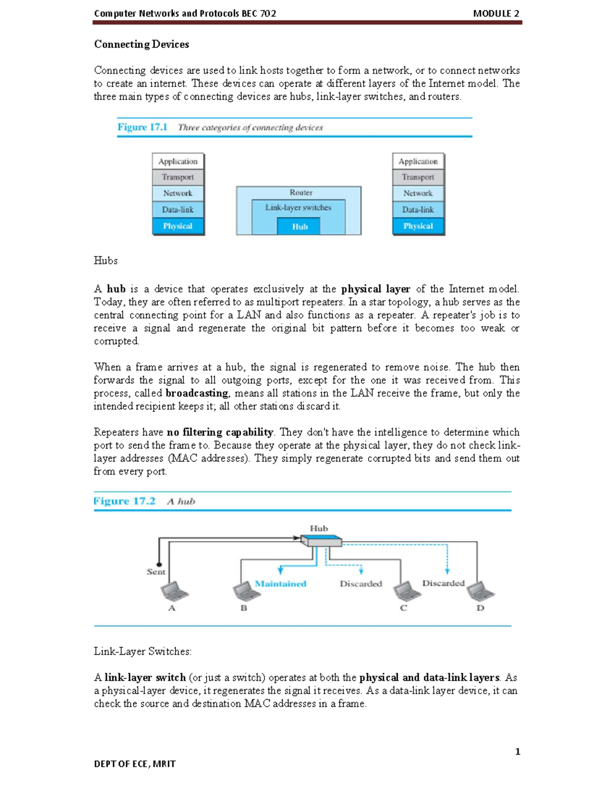 Computer Networks and Protocols BEC 702 MODULE 2B: Connecting Devices ...