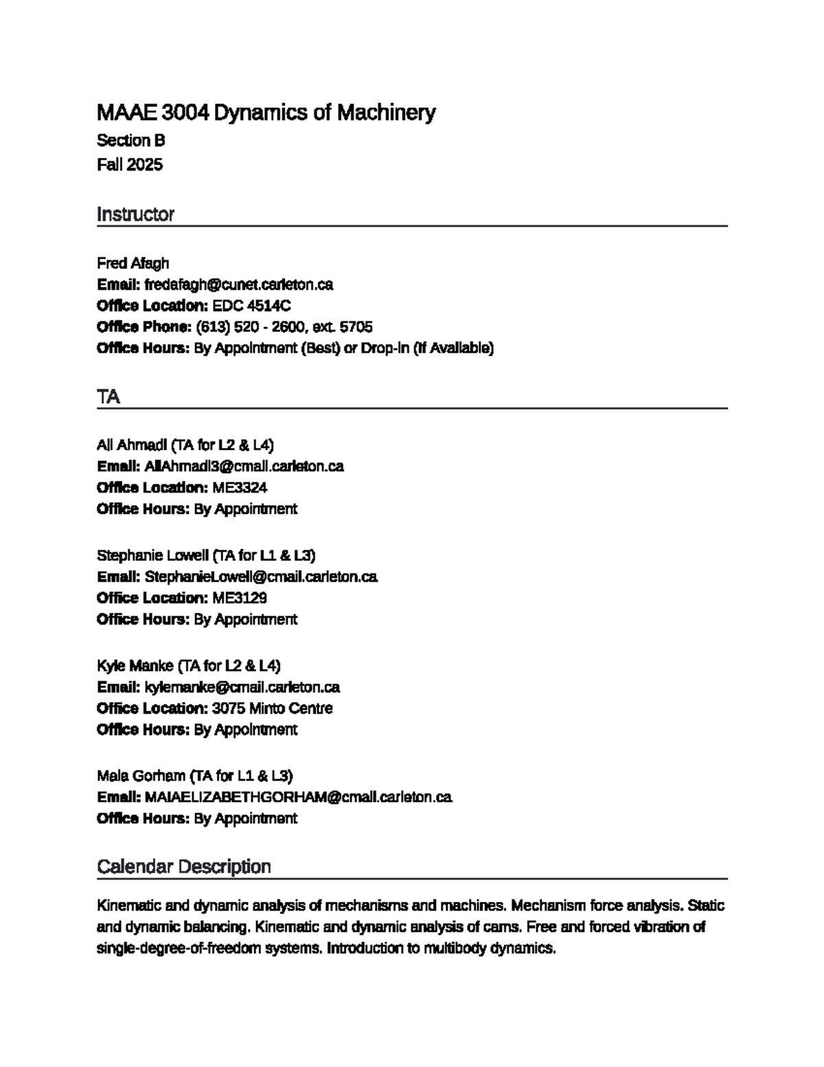 MAAE 3004 B - Fall 2025 Course Outline and Instructor Information - Studocu