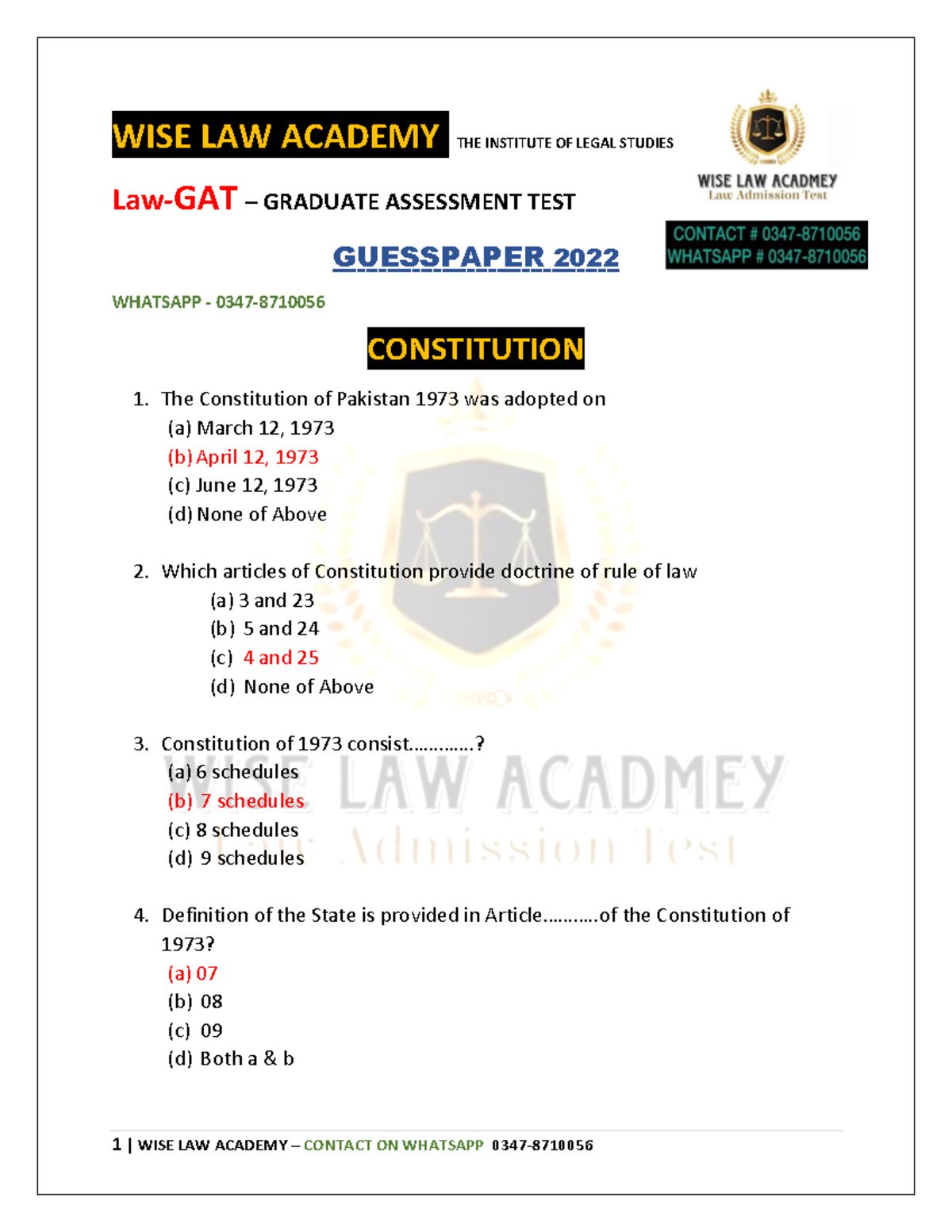 Law GAT - WISE LAW Academy - law GAT Guesspaper 2022 - WISE LAW ACADEMY ...