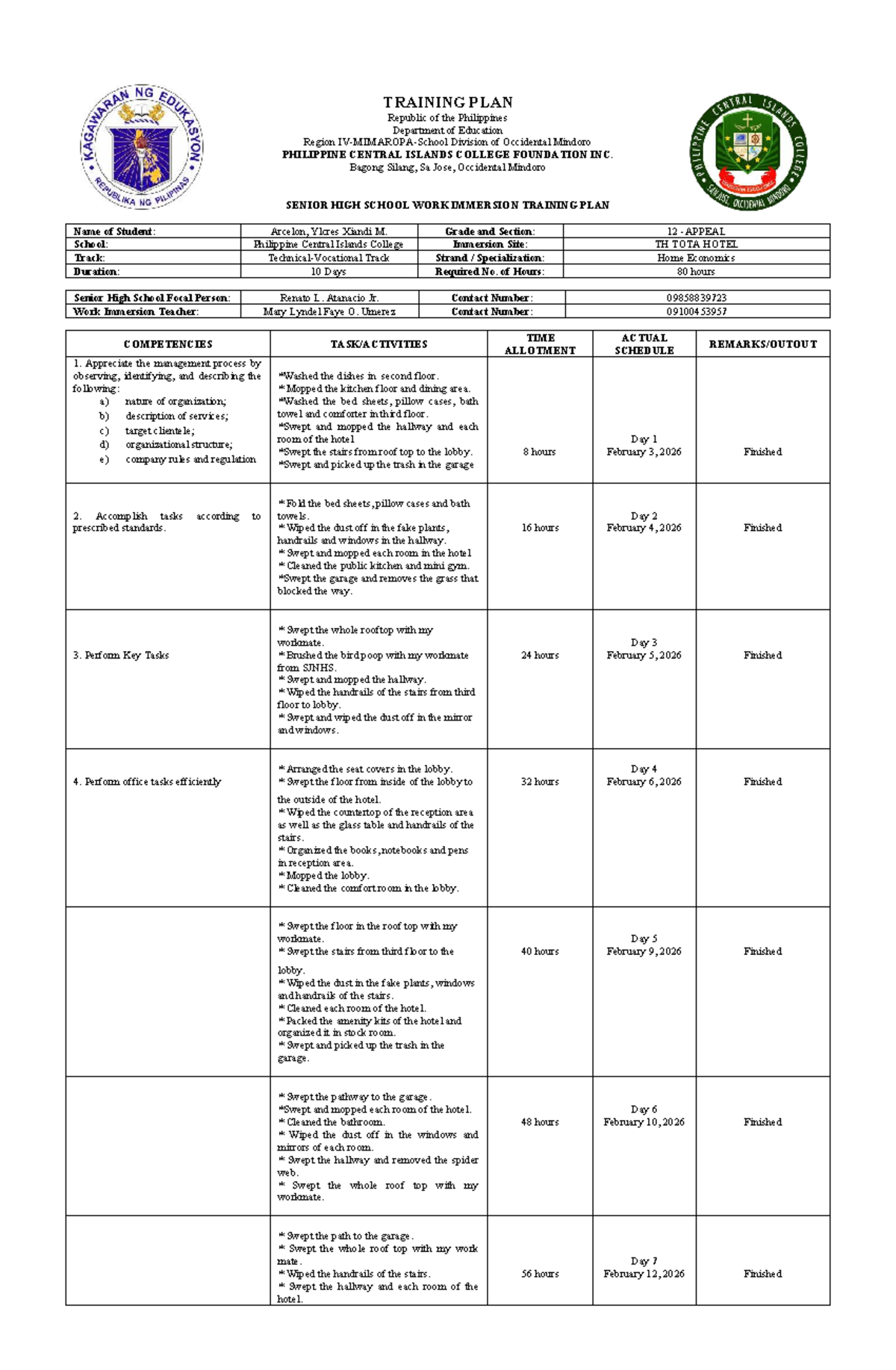 Training Plan for Work Immersion - SHS Track at PCI College - Studocu