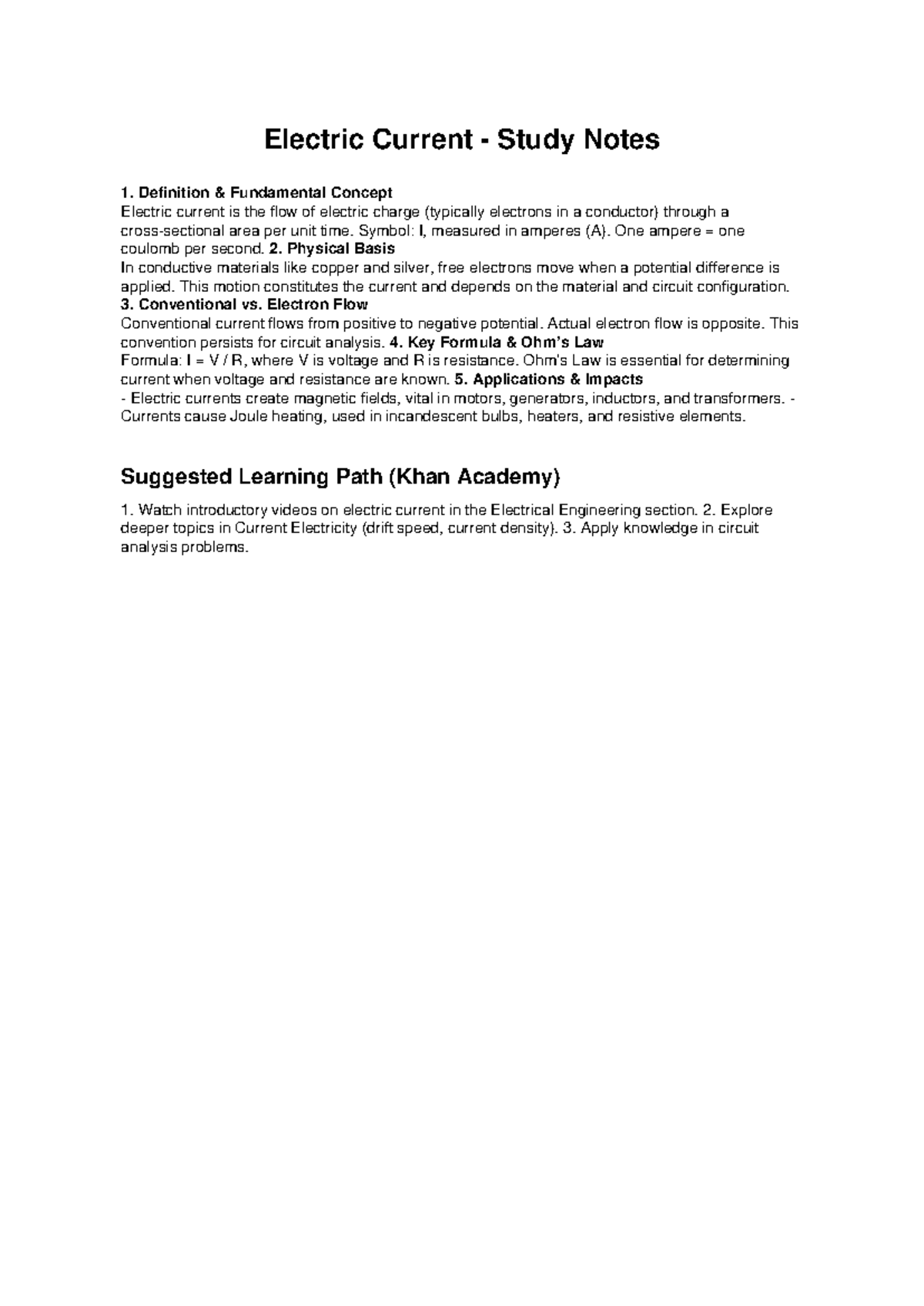 Electric Current Study Notes: Fundamentals and Applications - Studocu