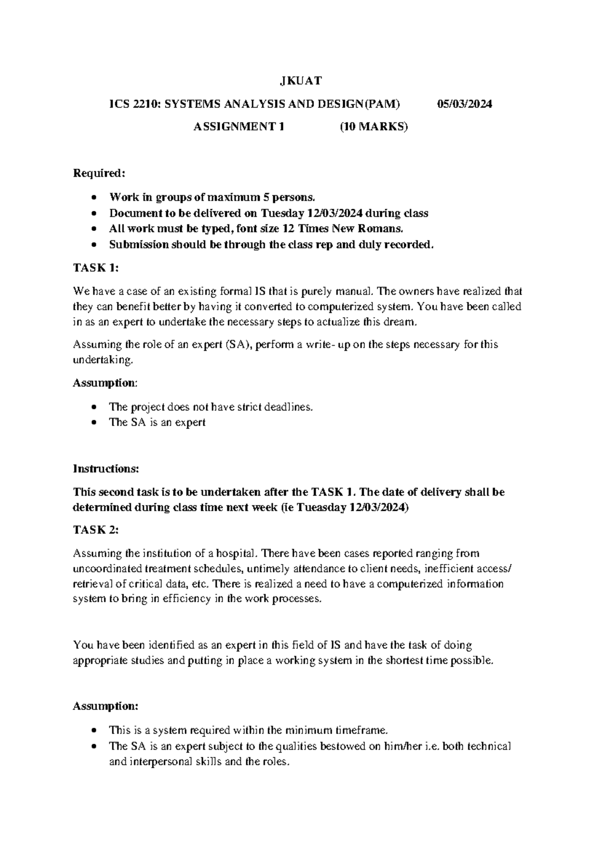 Ics 2210 SDA Assignments PAM JAN APR 2024 - JKUAT ICS 2210: SYSTEMS ANALYSIS AND DESIGN(PAM) 05 ...