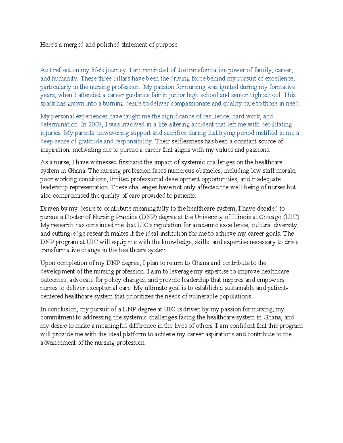 DNP Statement of Purpose: Transforming Nursing in Ghana - Studocu