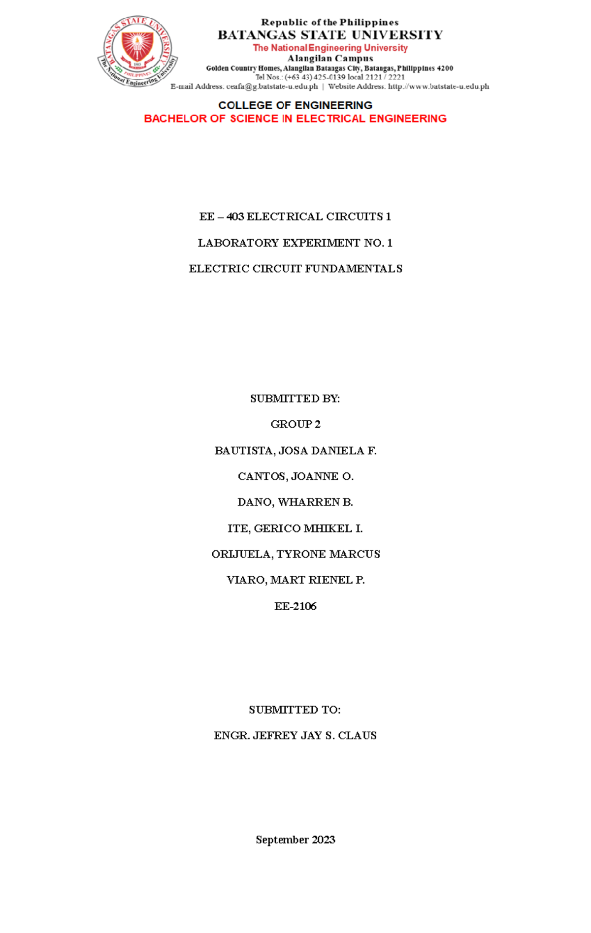 EE-403 Laboratory Report on Electric Circuits Fundamentals - Studocu