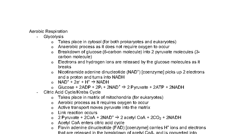 Aerobic Respiration Overview - Monash College Biology Unit 1 & 2 - Studocu