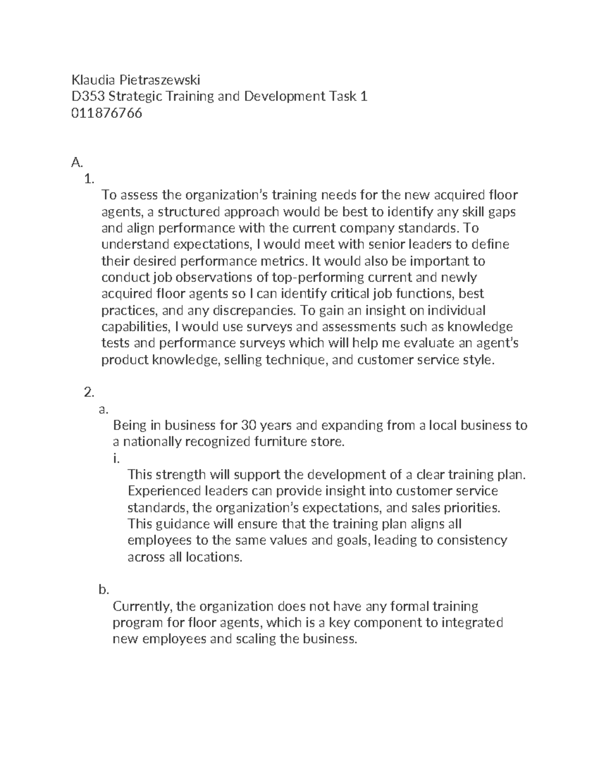 Strategic Training and Development - D353 Task 1 Analysis - Studocu