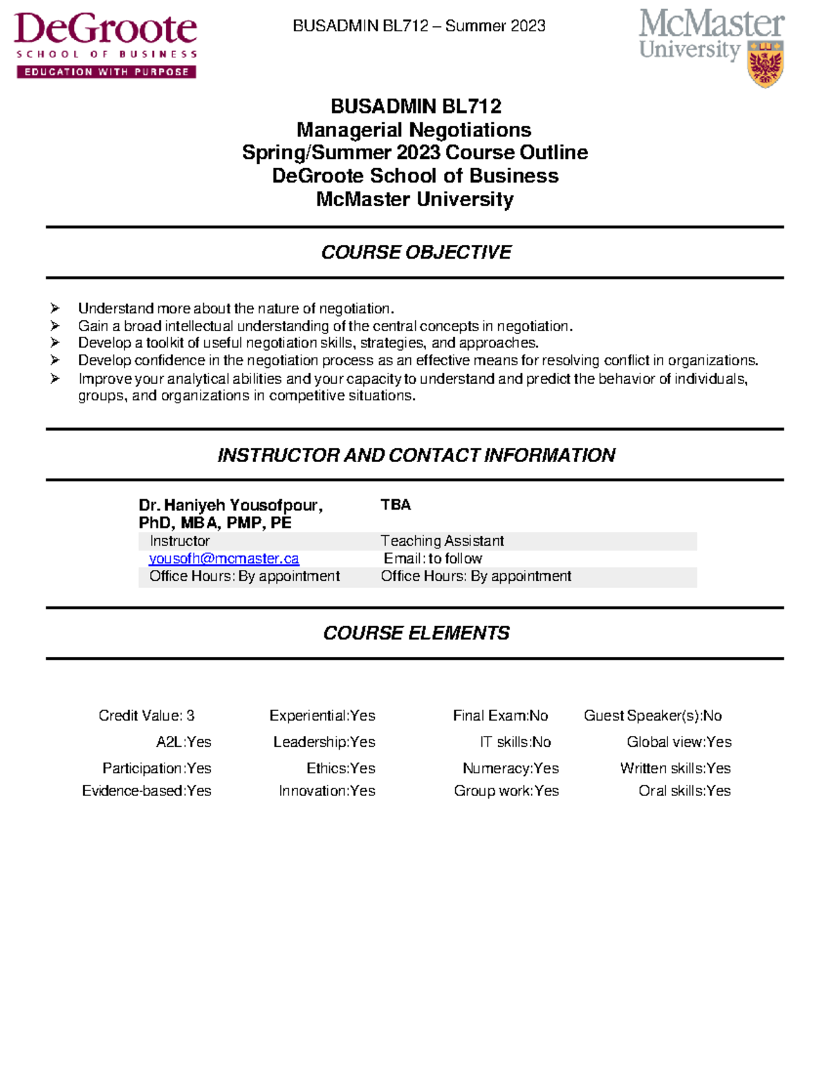 BL712-Managerial Negotiations Course Syllabus (Spring/Summer 2023 ...