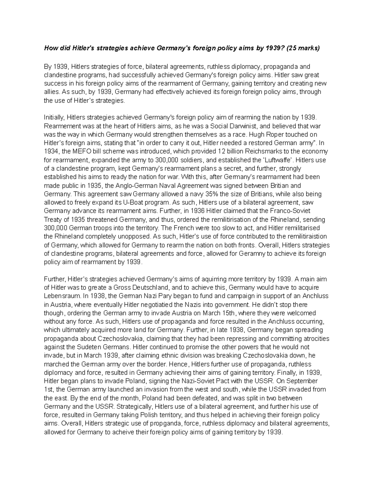 Foreign Policy Strategies of Hitler in 1939 - Essay (25 Marks) - Studocu