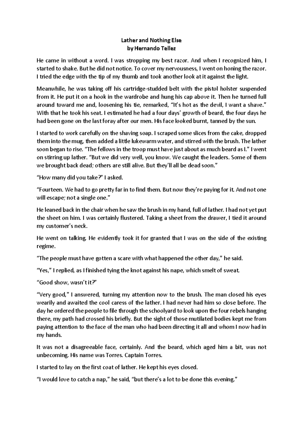 Lather and nothing else by Hernando Tellez - Lather and Nothing Else by ...