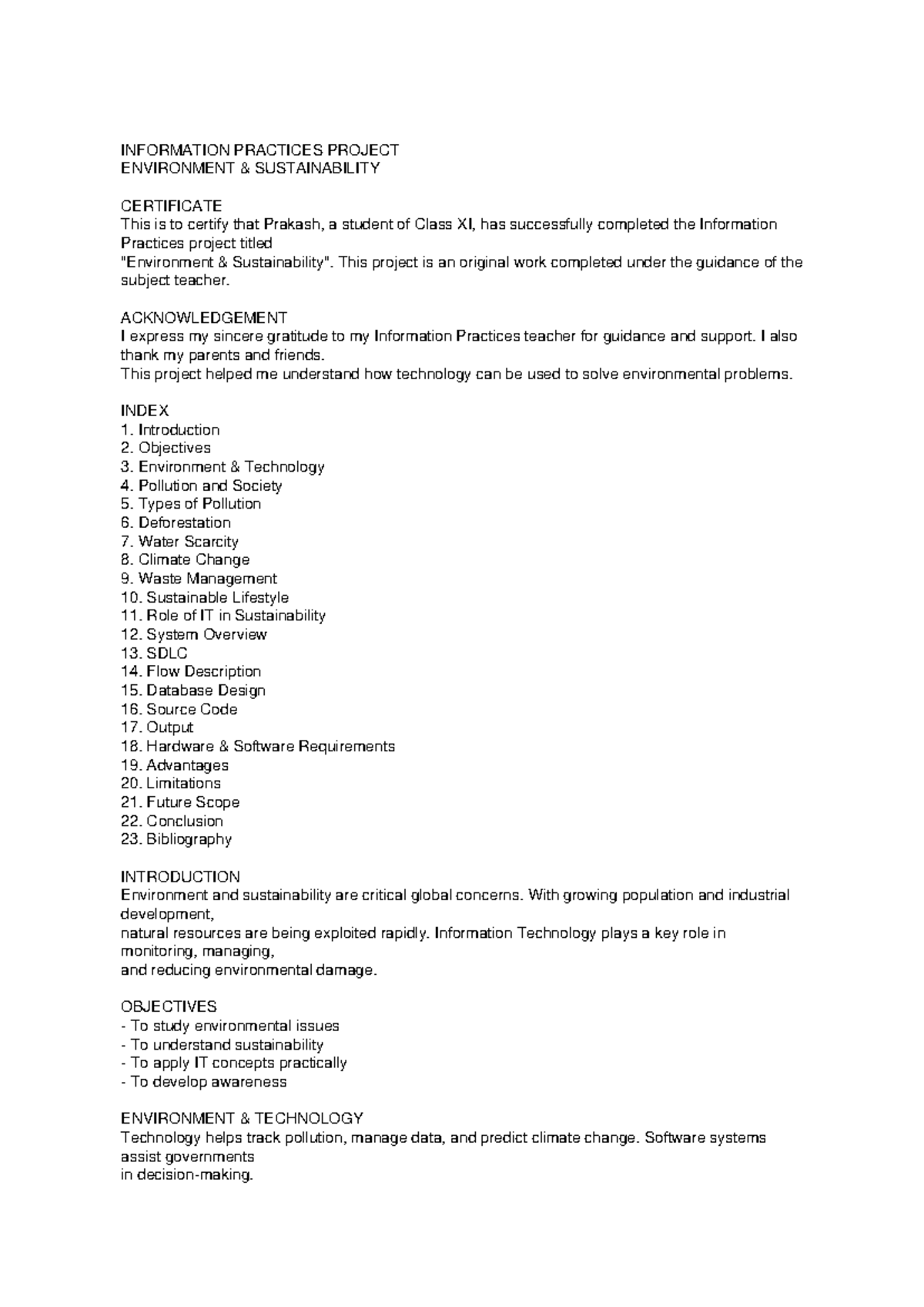 IP Class XI Environment Sustainability Project Report - Studocu